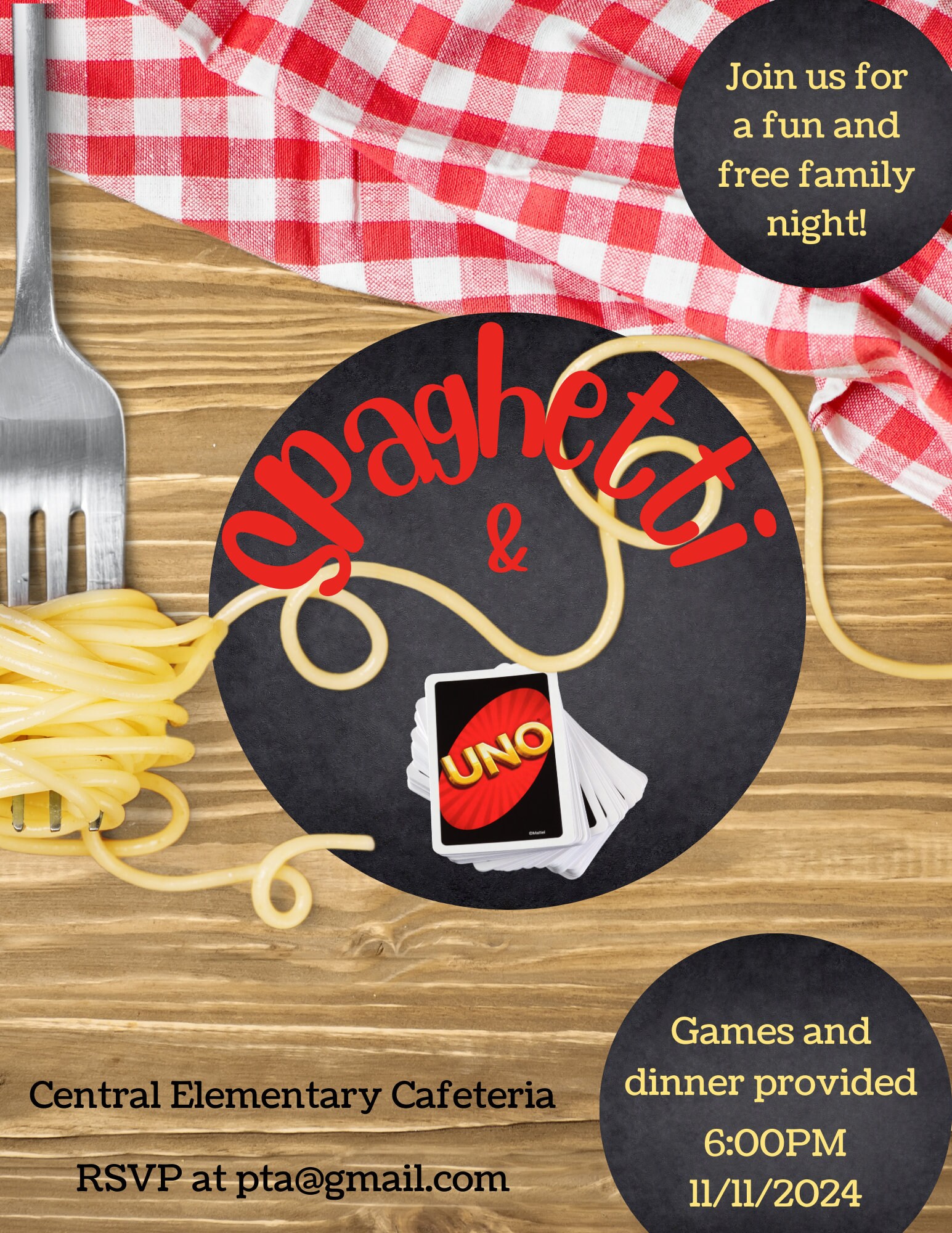 Editable PTA Flyer for Spaghetti and Uno Night With Instructions - Etsy