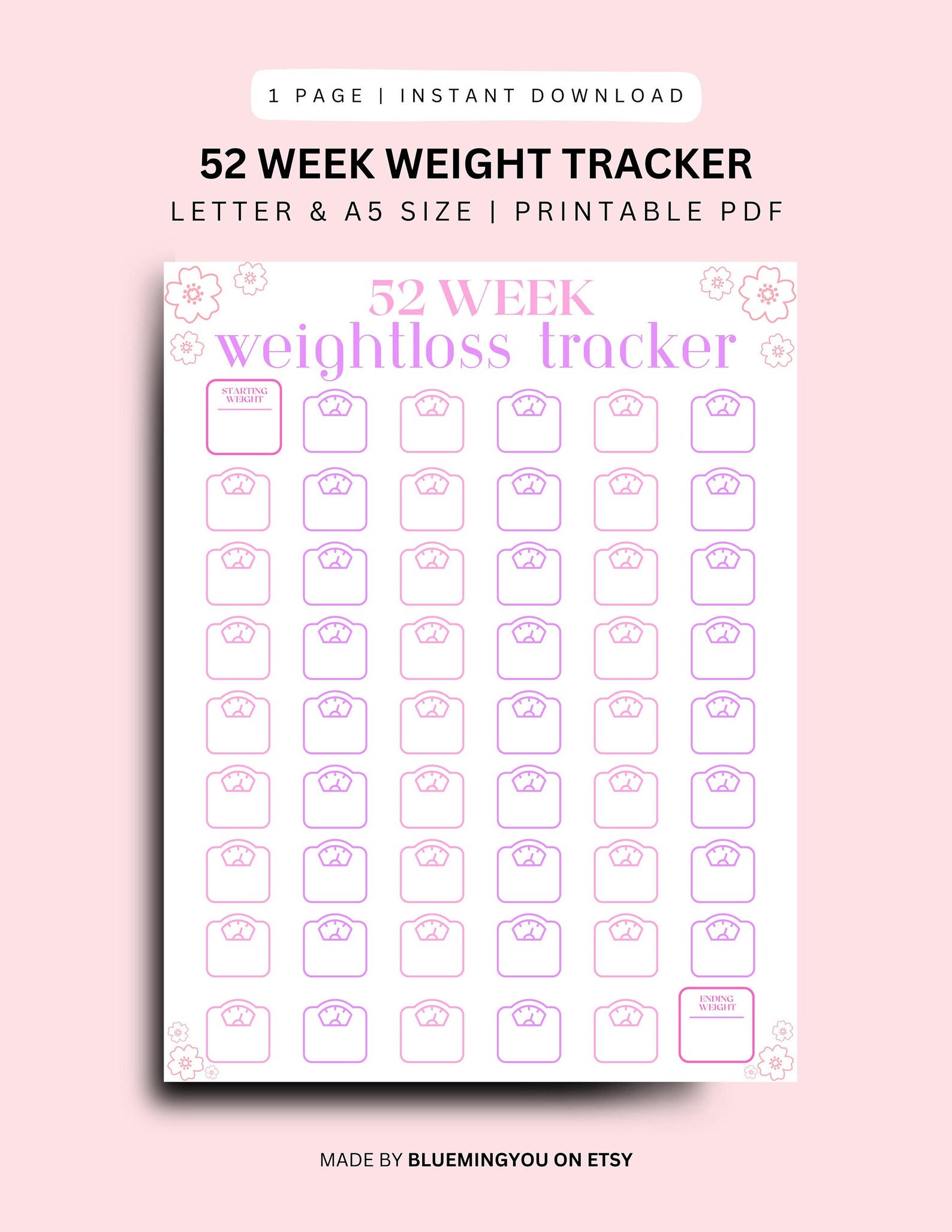 52 Week Weight Tracker Printable, Weight Loss Tracker, Weight Log ...