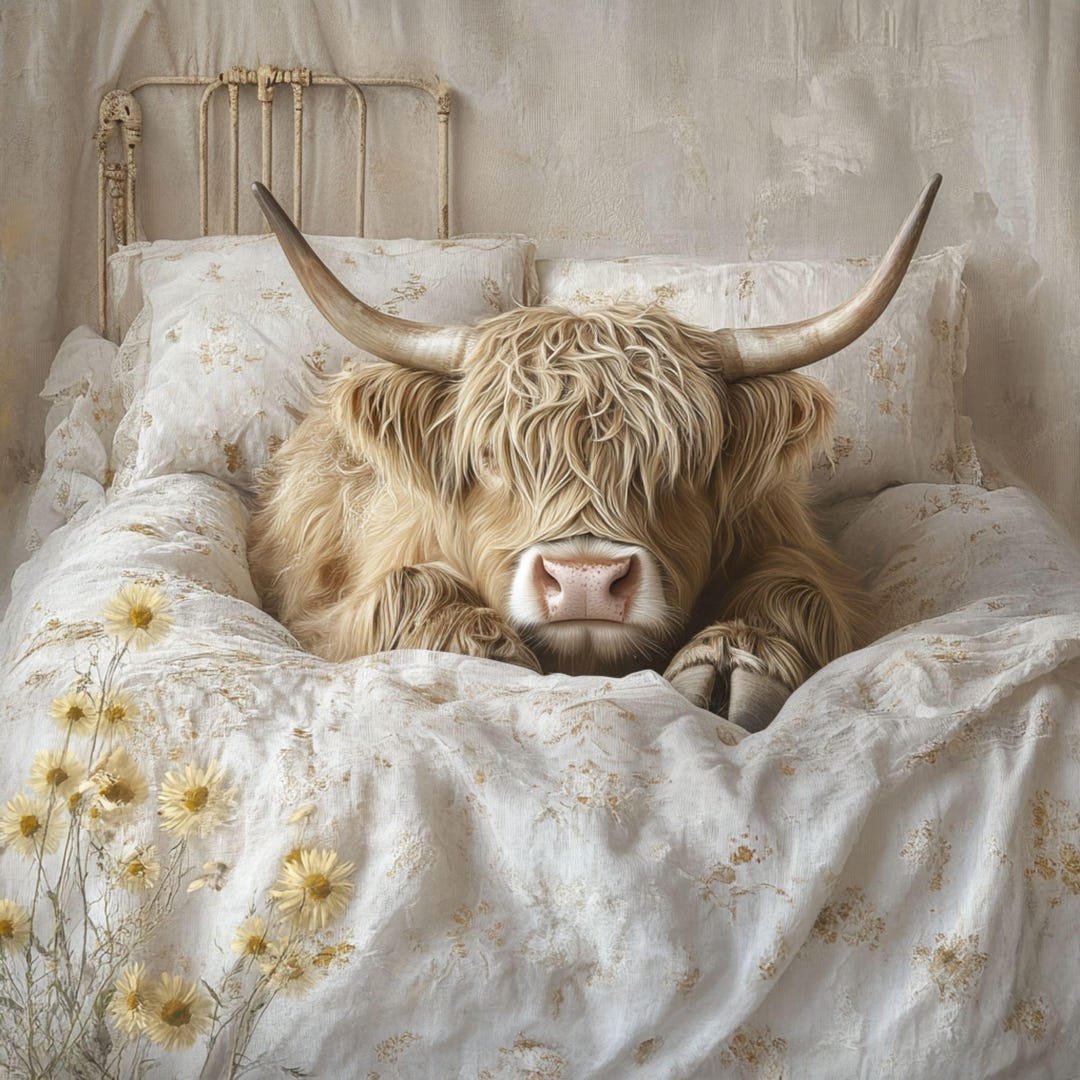 Highland Cow in Bed PNG, Shabby Chic Bedroom Art (digital Download) - Etsy