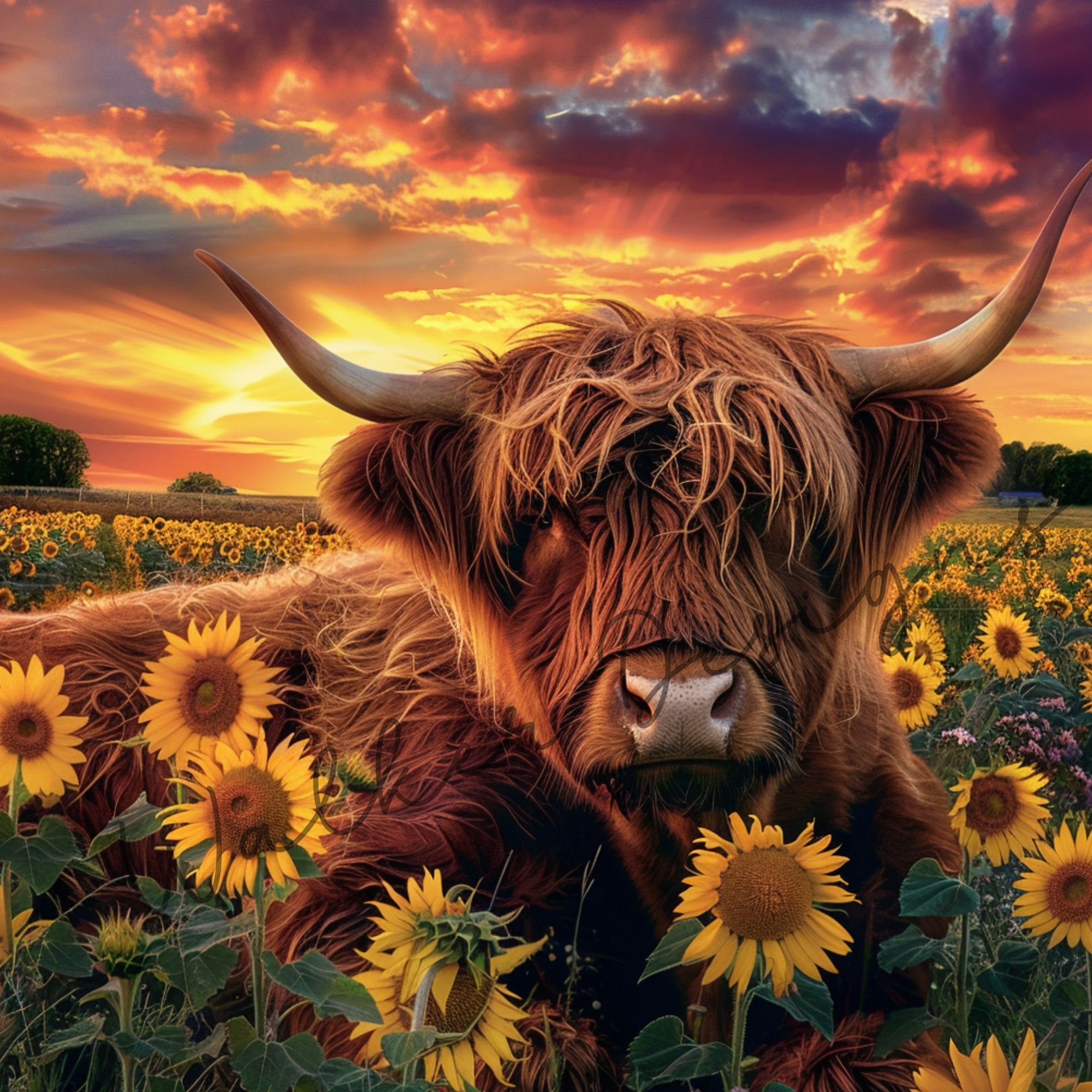 Highland Cow in a Field of Sunflowers at Sunset. Downloadable Digital ...