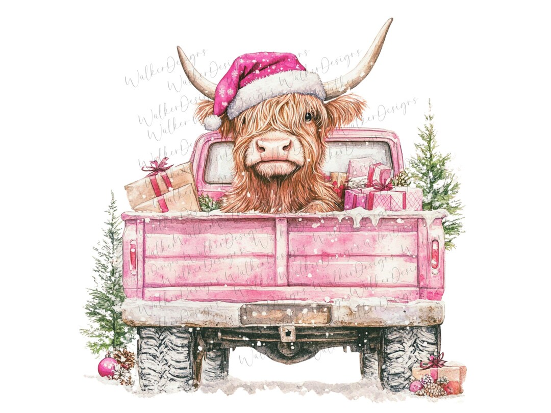 Pink Christmas Highland Cow PNG DIGITAL DOWNLOAD Long Haired Shaggy Cow ...
