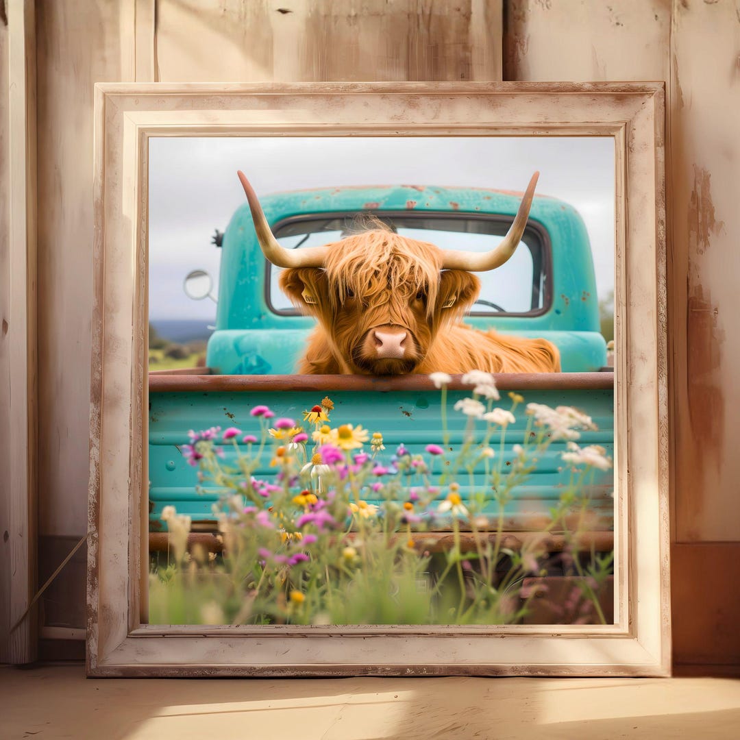 Highland Cow in Turquoise Truck PNG, Scottish Farm Art (digital ...