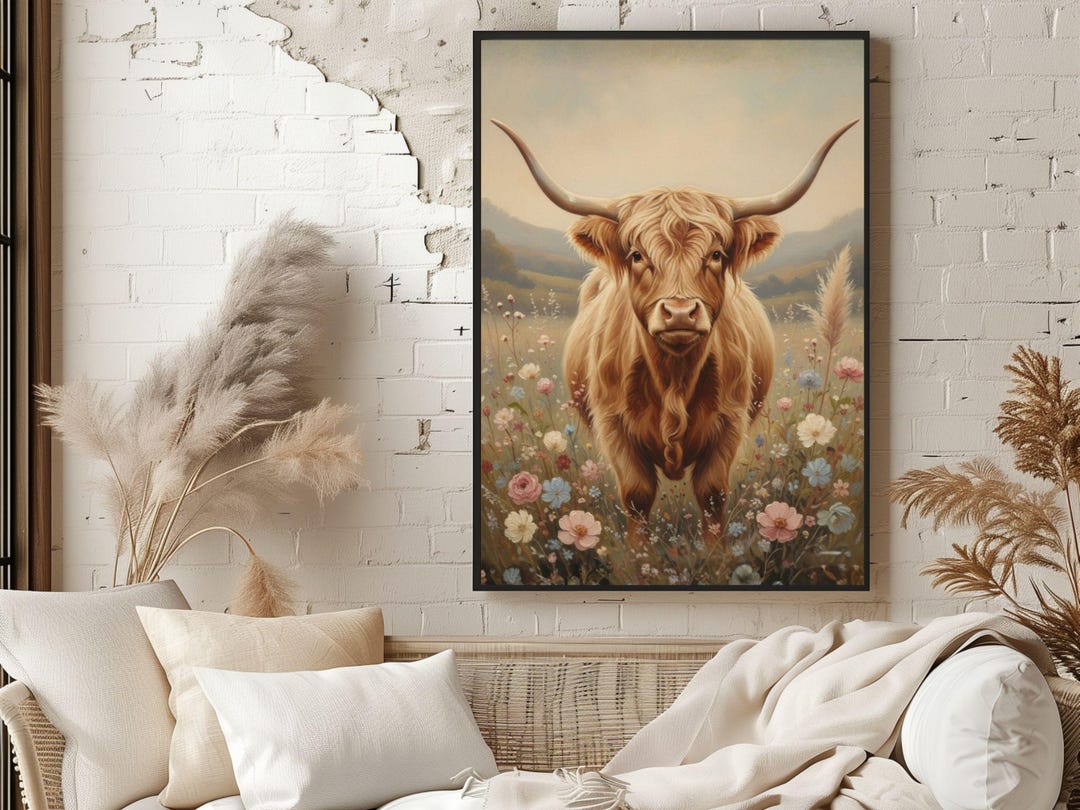 Highland Cow in Wildflower Field Digital Download – Rustic Farm Animal ...