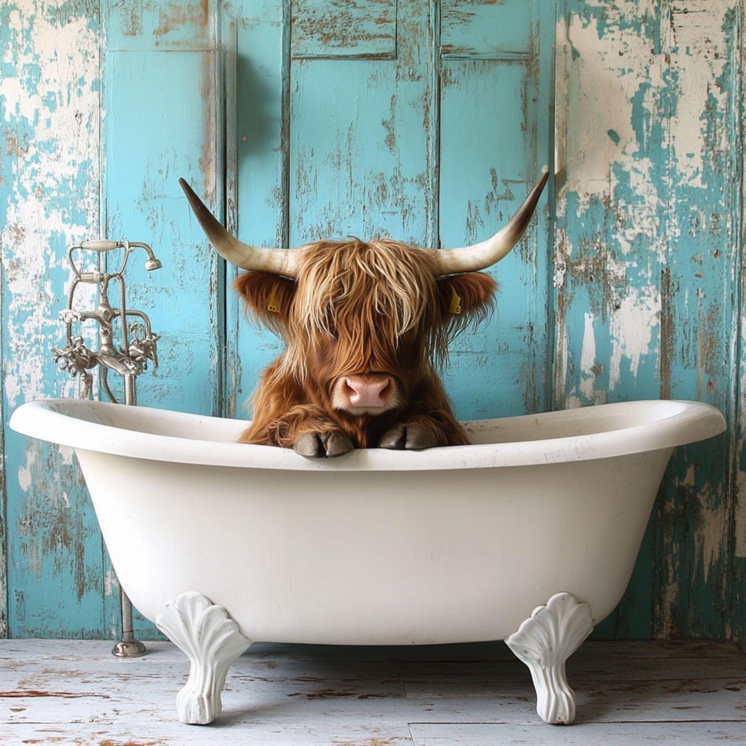Highland Cow Bathtub Art Print, Scottish Bathroom Decor (digital ...