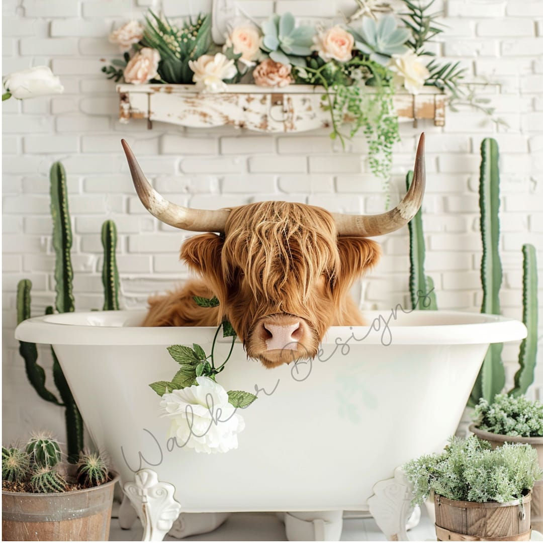 Highland Cow Bathtub Downloadable Digital PNG Art. Scottish Highland ...
