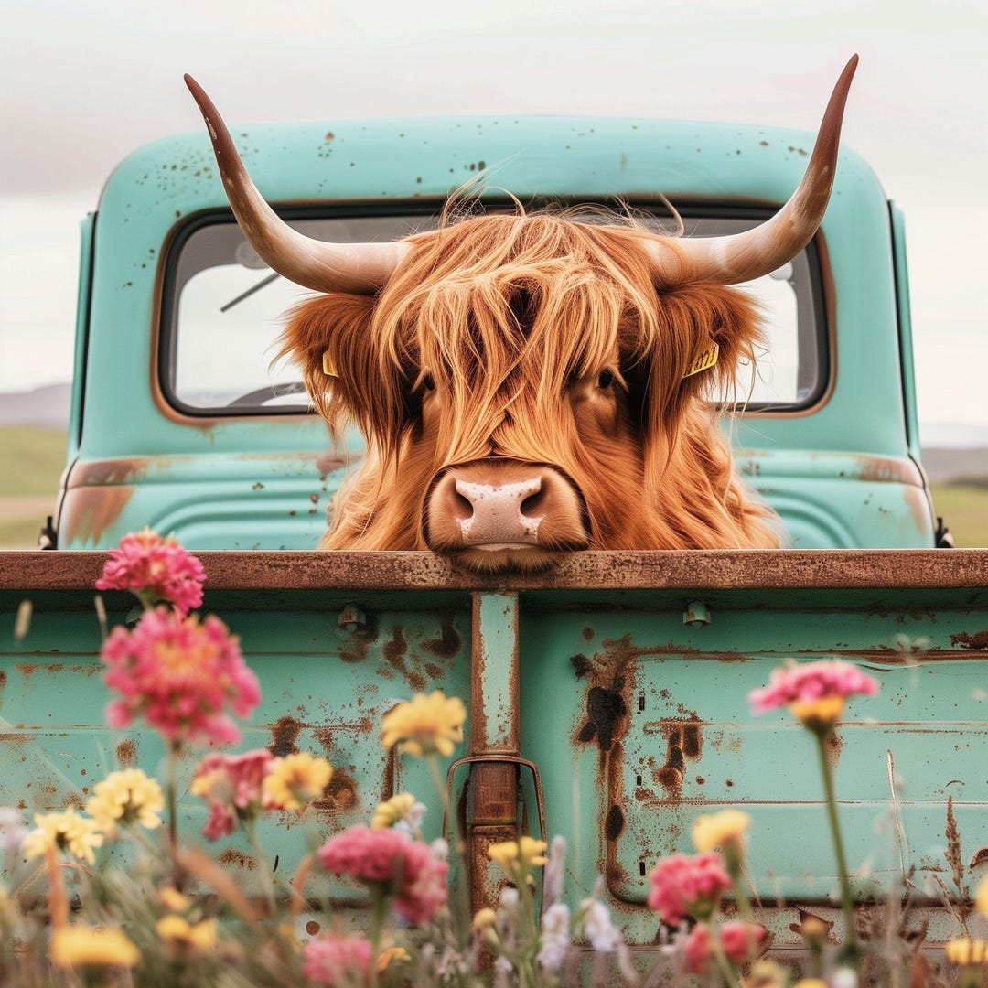 Highland Cow Turquoise Truck PNG Clipart (digital Download) - Etsy