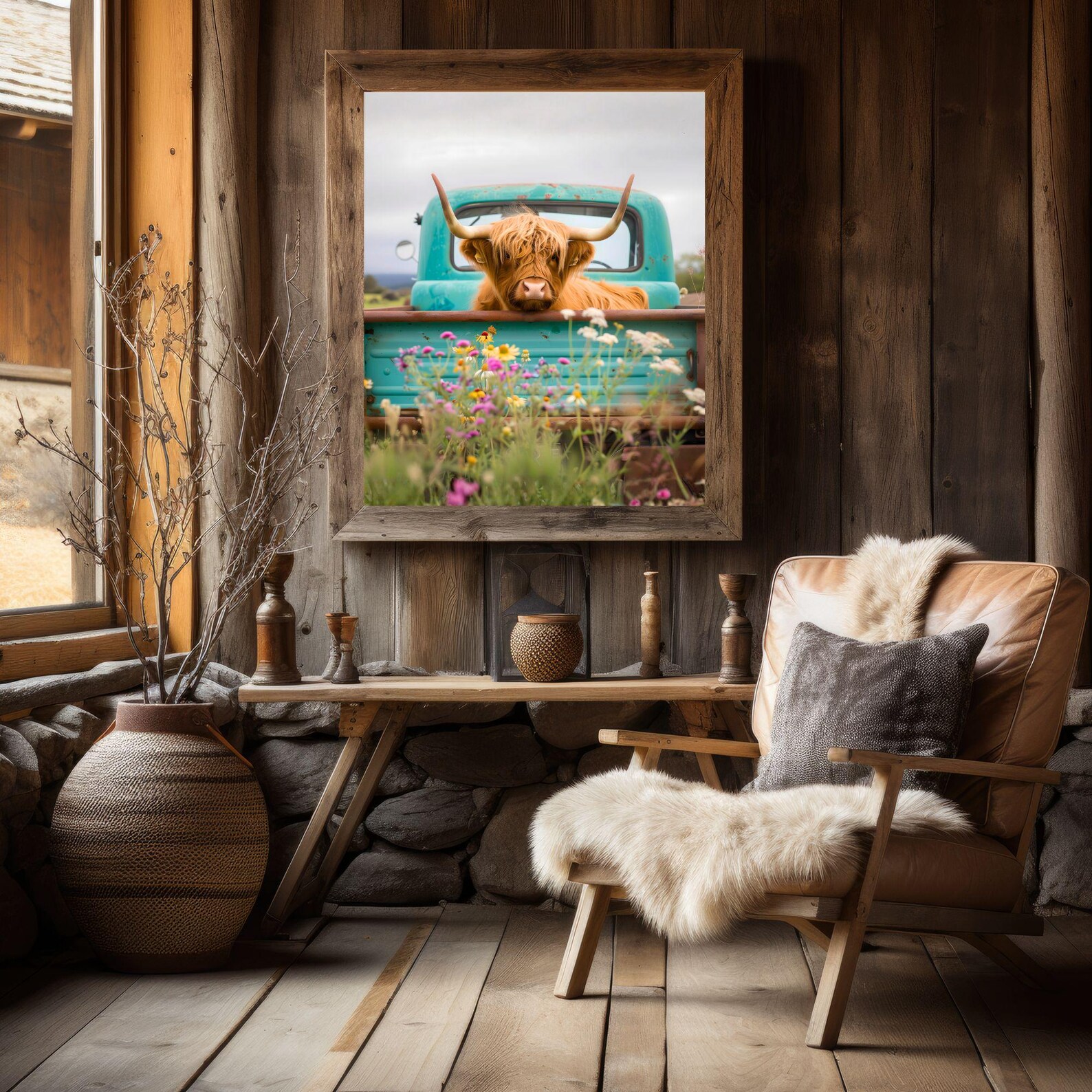 Highland Cow in Turquoise Truck PNG, Scottish Farm Art (digital ...