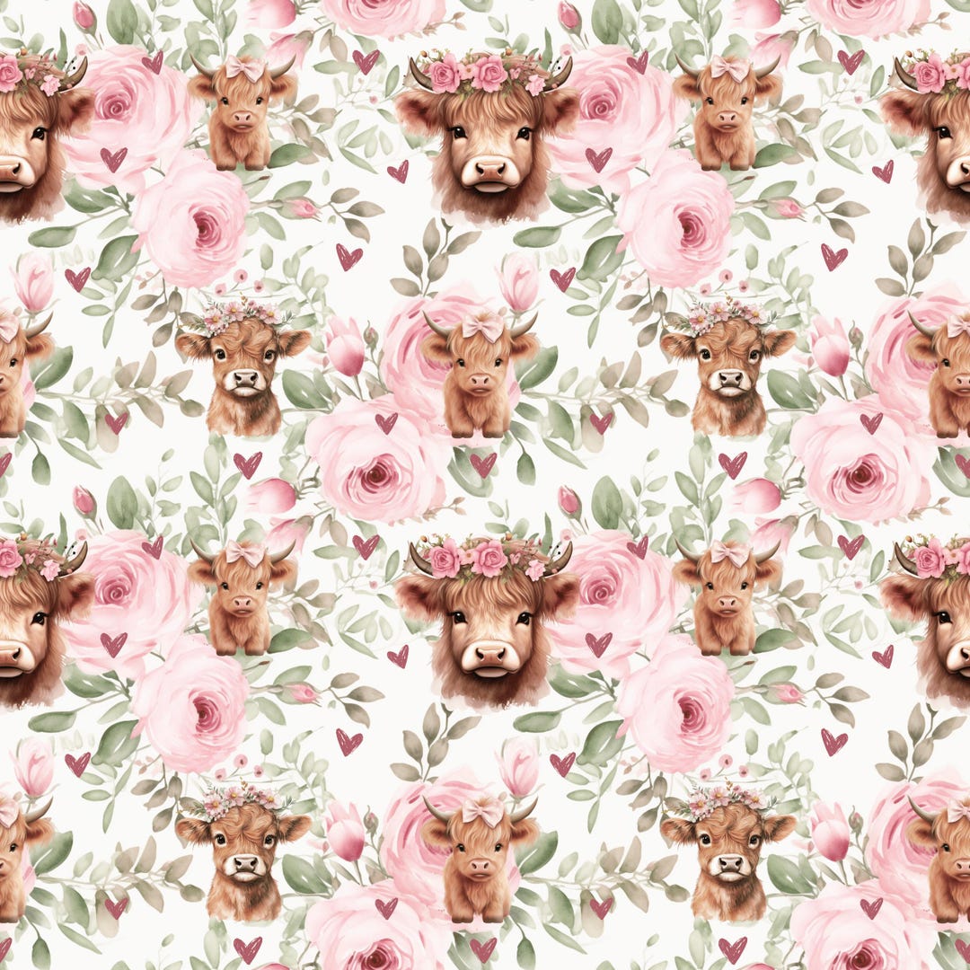 Floral Highland Cow Seamless Pattern, Commercial Use (digital Paper) - Etsy