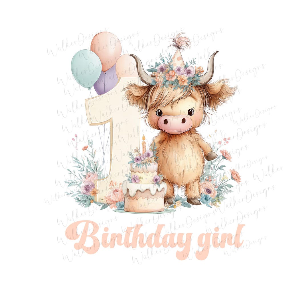 Birthday Girl Highland Cow, Birthday Cake, PNG Digital Download Clipart ...