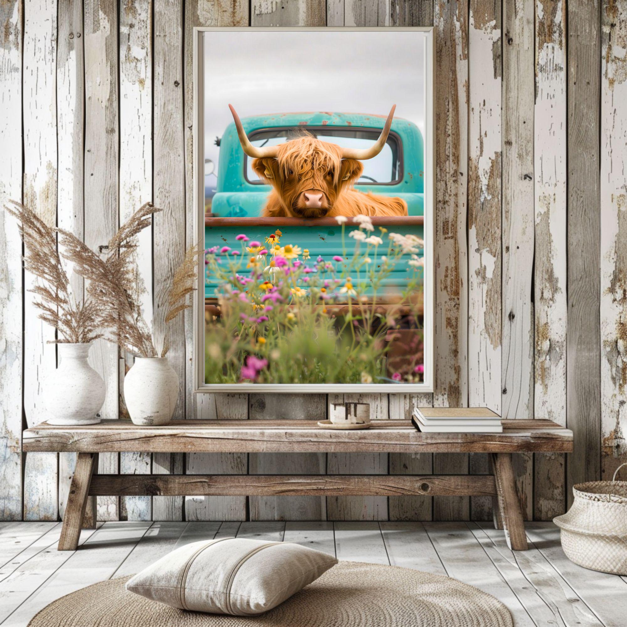 Highland Cow in Turquoise Truck PNG, Scottish Farm Art (digital ...