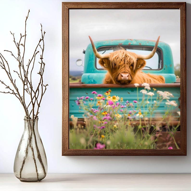 Highland Cow in Turquoise Truck PNG, Scottish Farm Art (digital ...