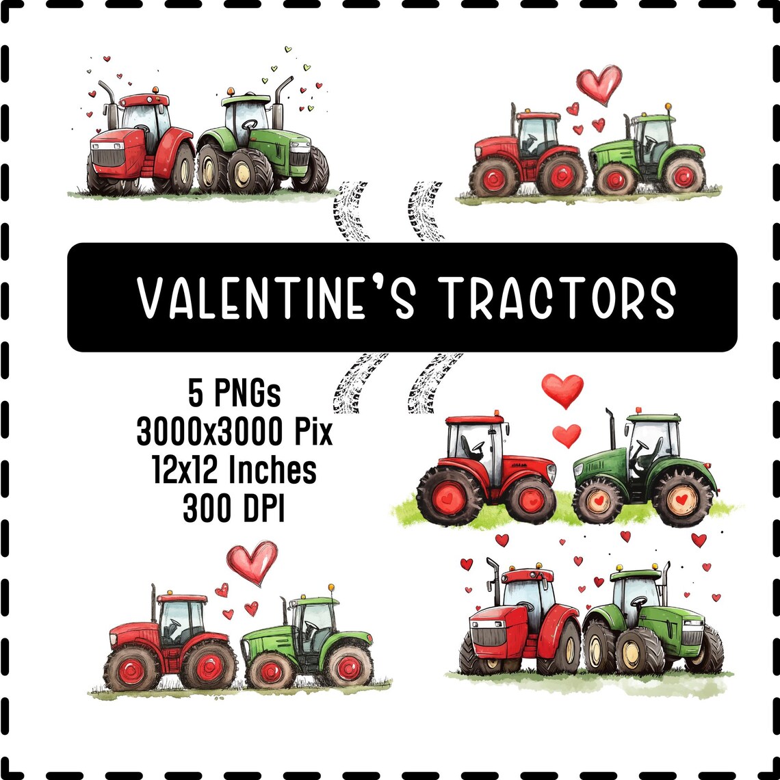 Bundle of Tractor Valentines Farm PNG DIGITAL DOWNLOAD Red and Green ...