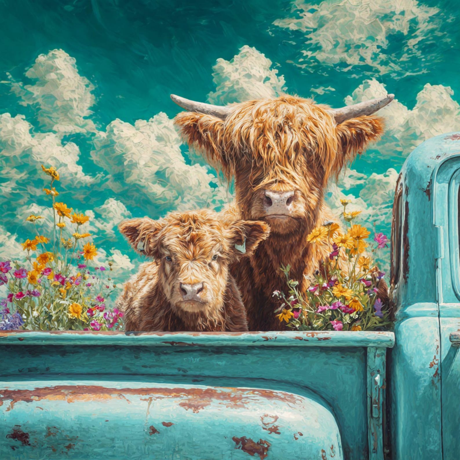 Highland Cow Turquoise Truck PNG, Scottish Farm Art (digital Download ...