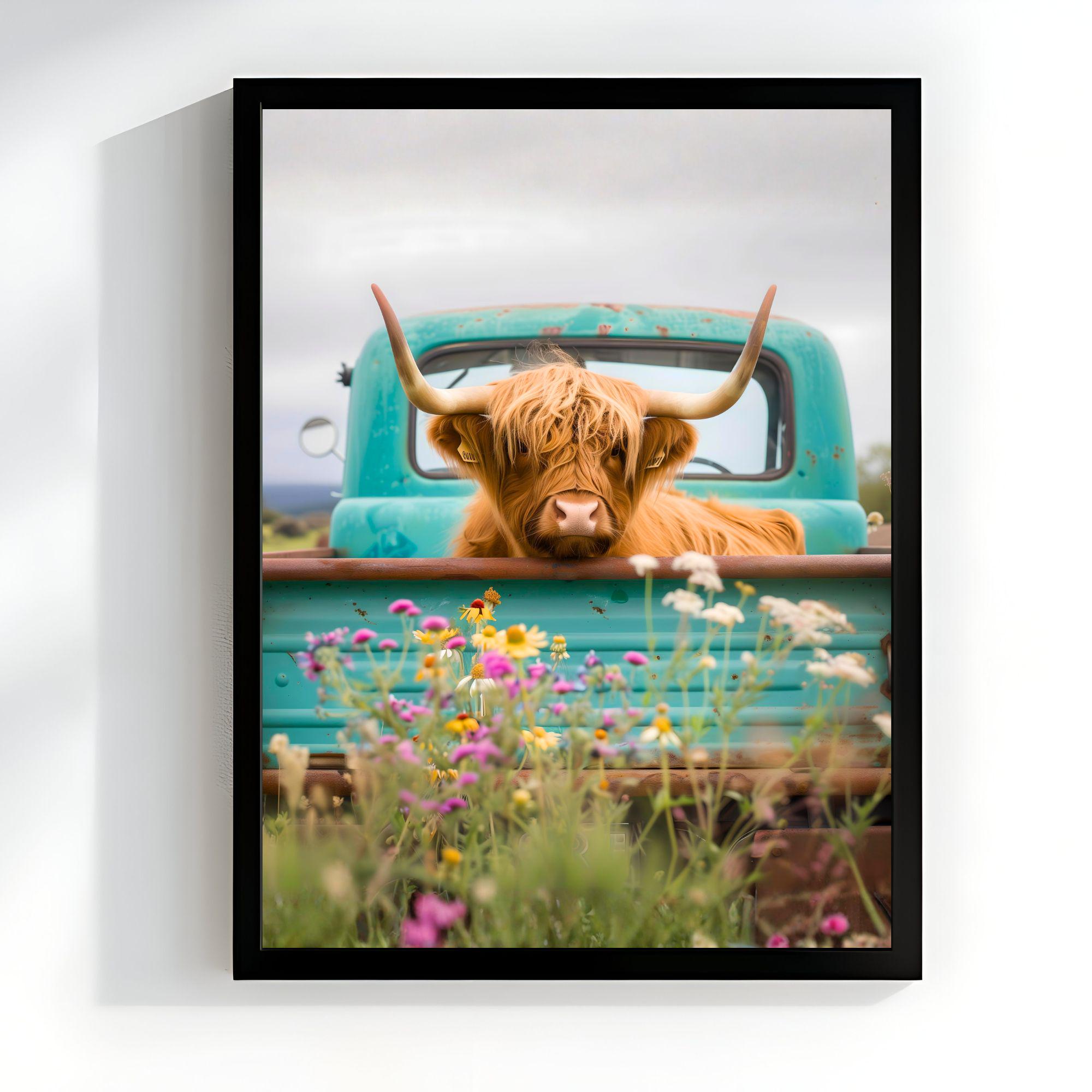 Highland Cow in Turquoise Truck PNG, Scottish Farm Art (digital ...
