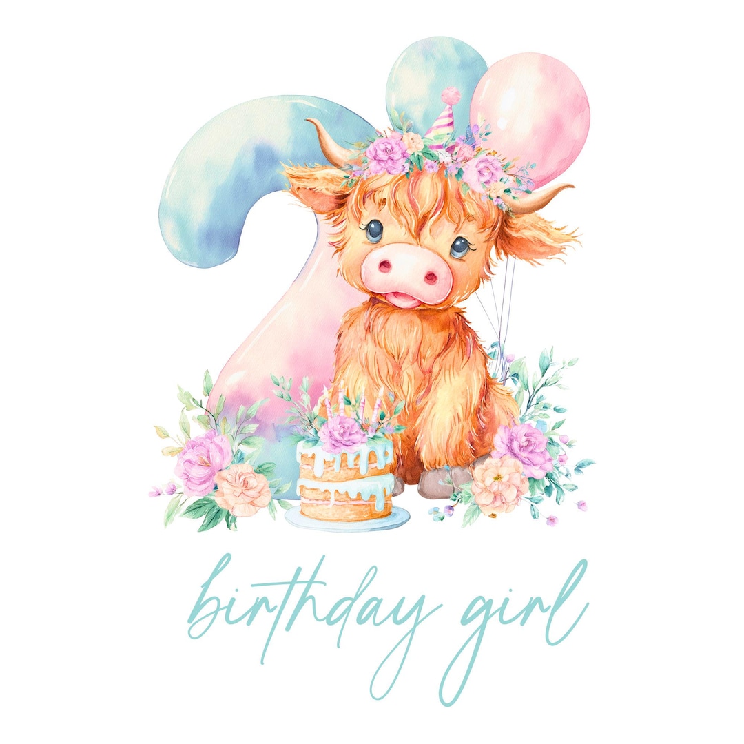Birthday Girl Highland Cow, Birthday Cake, PNG Digital Download Clipart ...