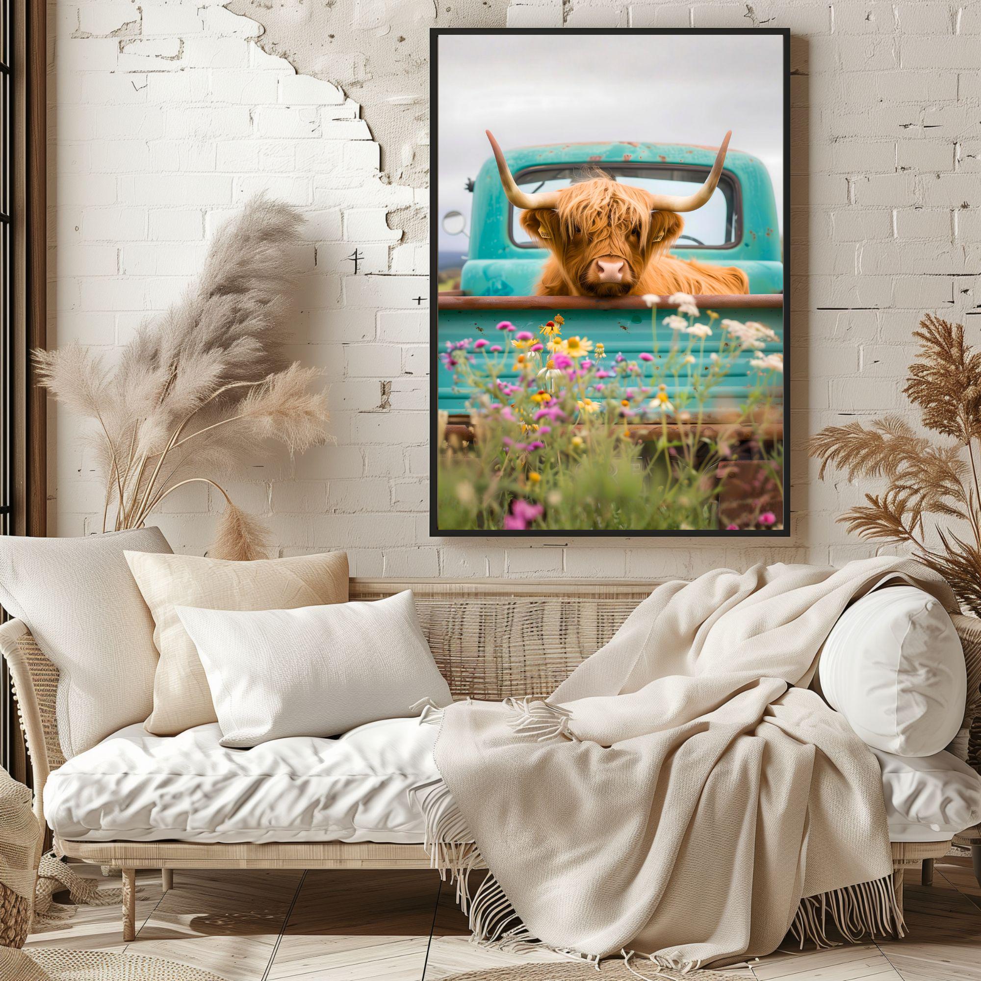 Highland Cow in Turquoise Truck PNG, Scottish Farm Art (digital ...