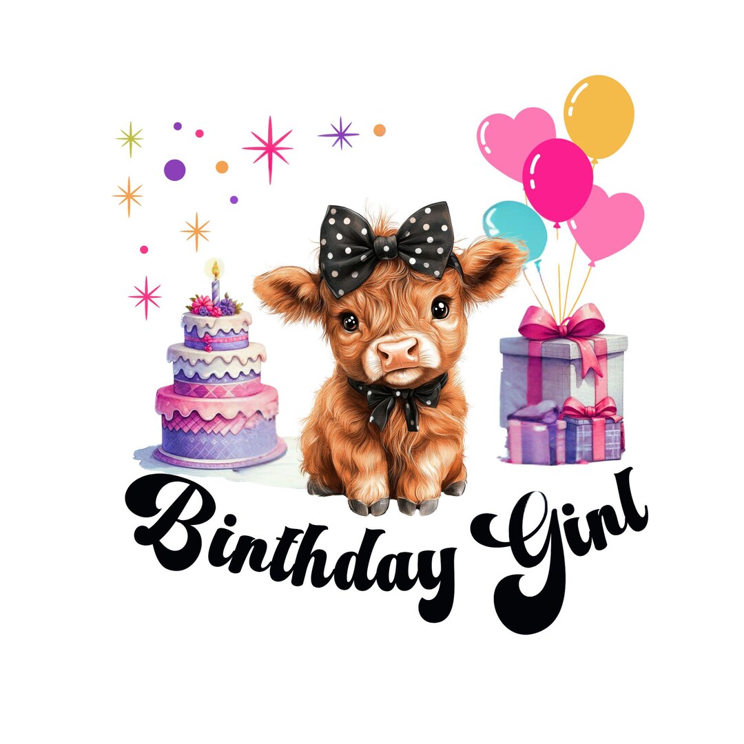 Birthday Girl Highland Cow, Birthday Cake, PNG Digital Download Clipart ...
