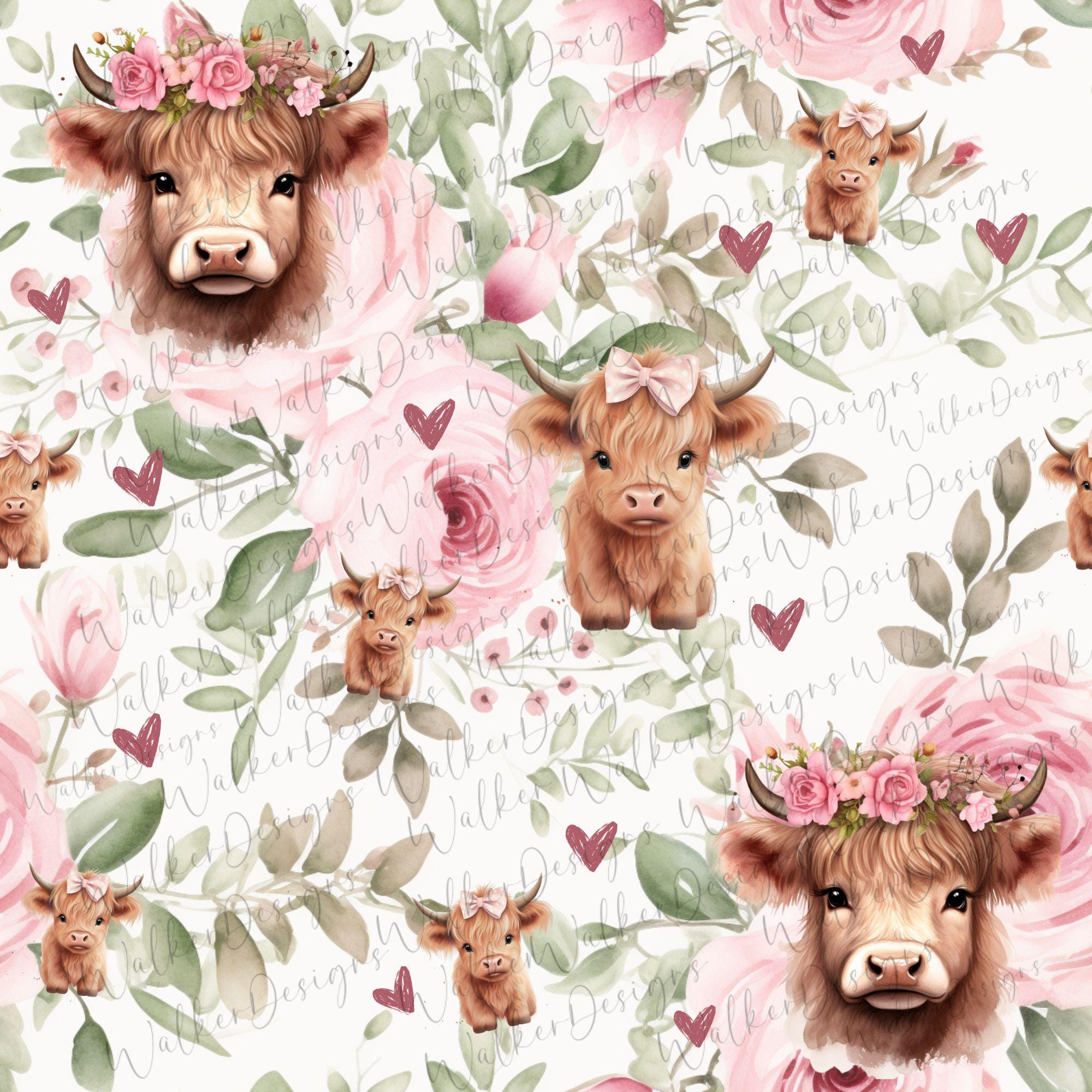 Highland Cow Seamless Digital Papers, Floral, Scrapbook Paper, Heart ...