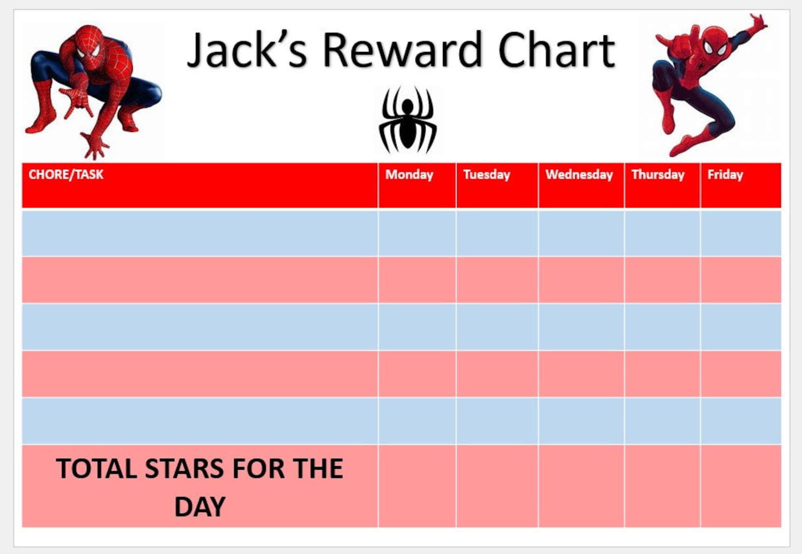 Kids Spiderman Reward Chore Chart, Fully Personalised, Digital Download ...