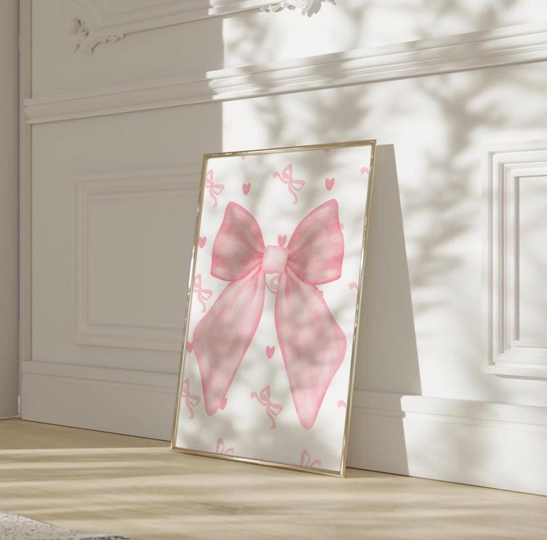 Hearts and Bows Printable Pink Bow Art Digital Download Coquette Print ...