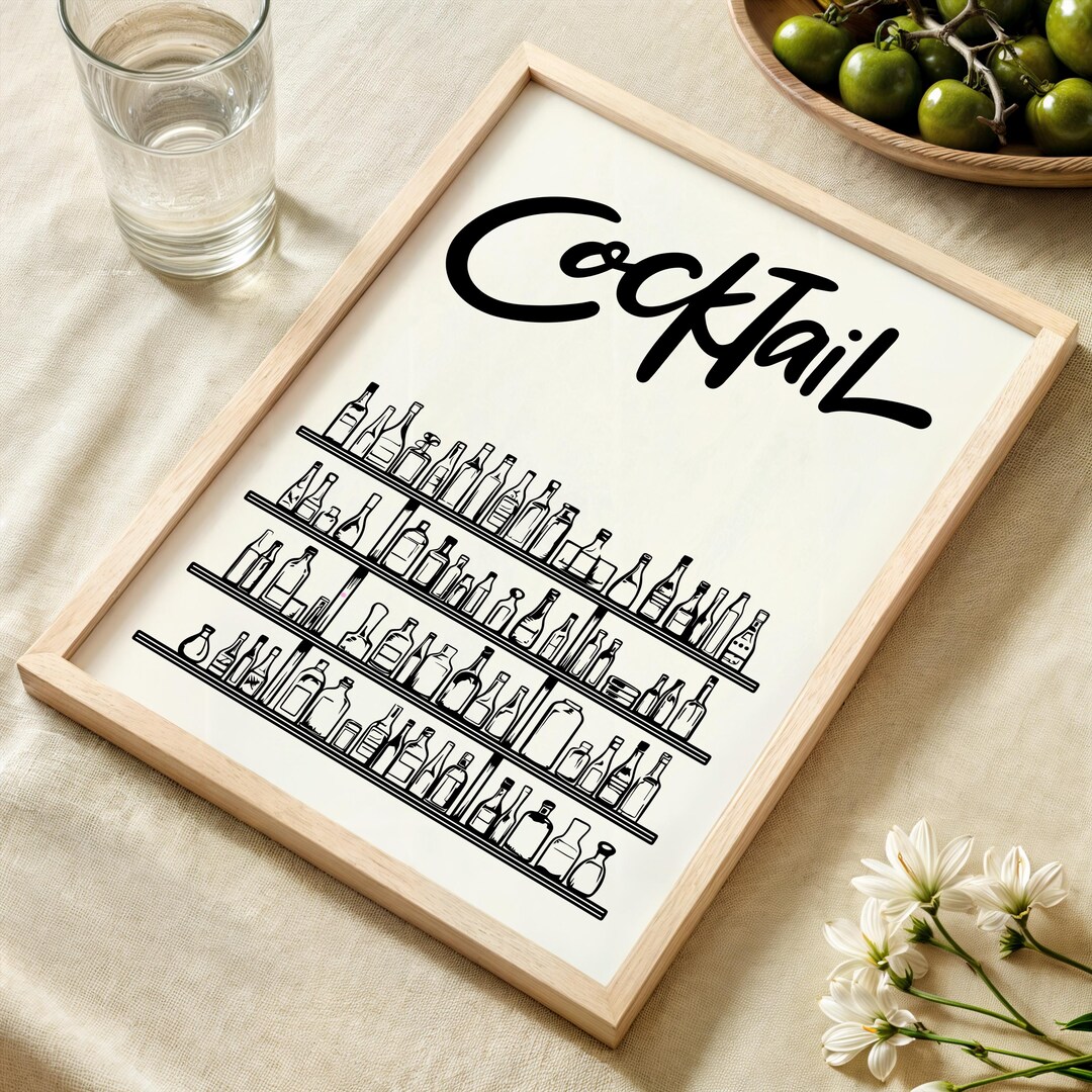 Printable Bar Wall Art, Monochromatic Bar Cart Print, Vintage Cocktail ...