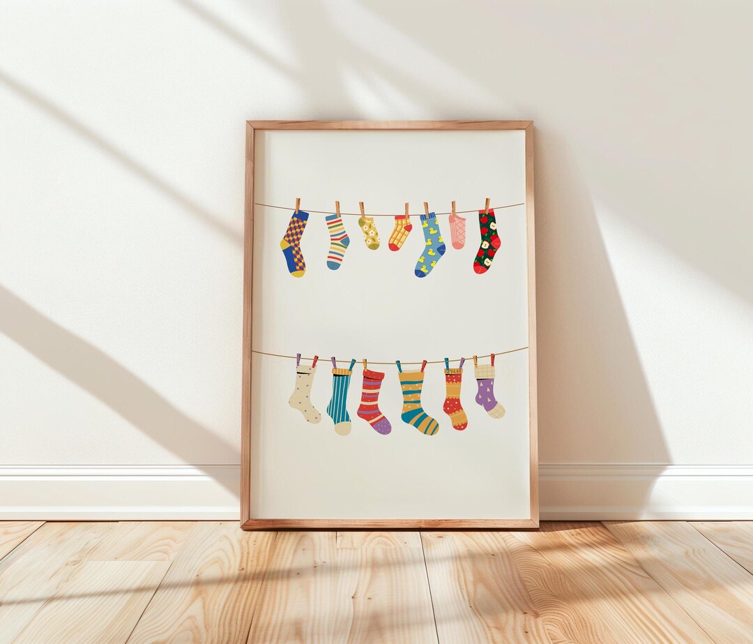 Cottagecore Laundry Room Wall Art, Sock Clothesline Print, Digital ...