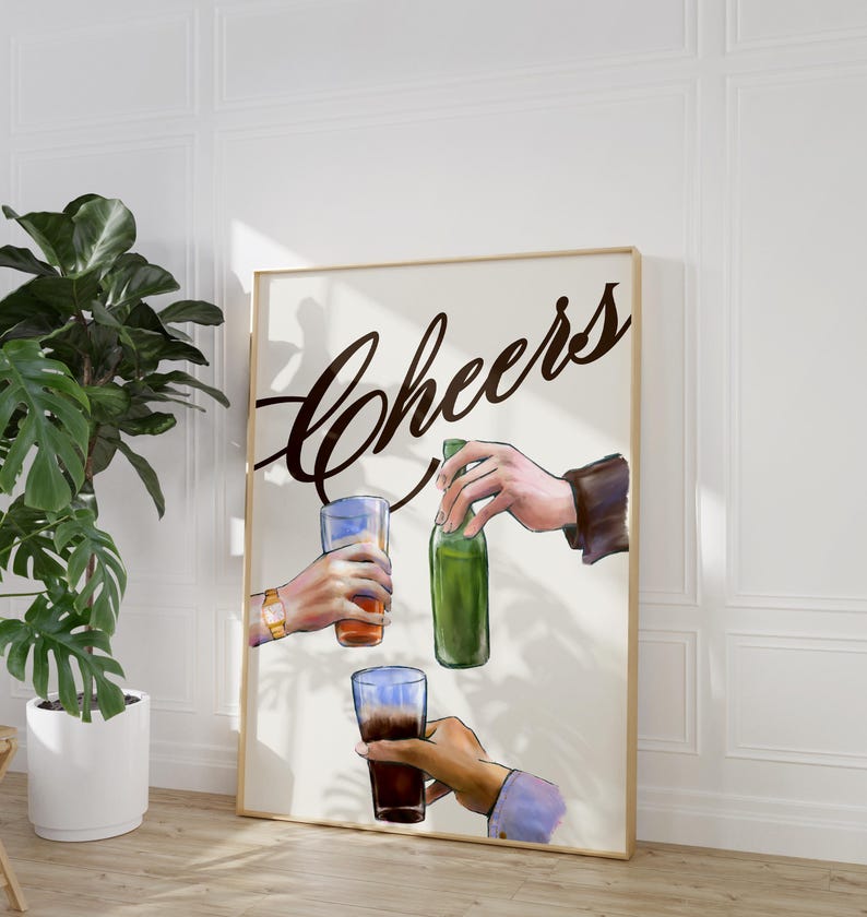 Cheers Watercolor Print Printable Art Bar Cart Decor Cheers Wall Print Bar Cart Print Vintage ...