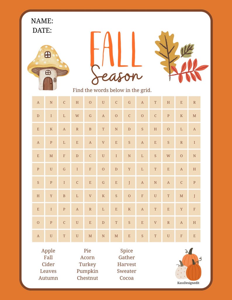 Fall Word Search Printable: Autumn Activity Game With Answer Key (PDF ...
