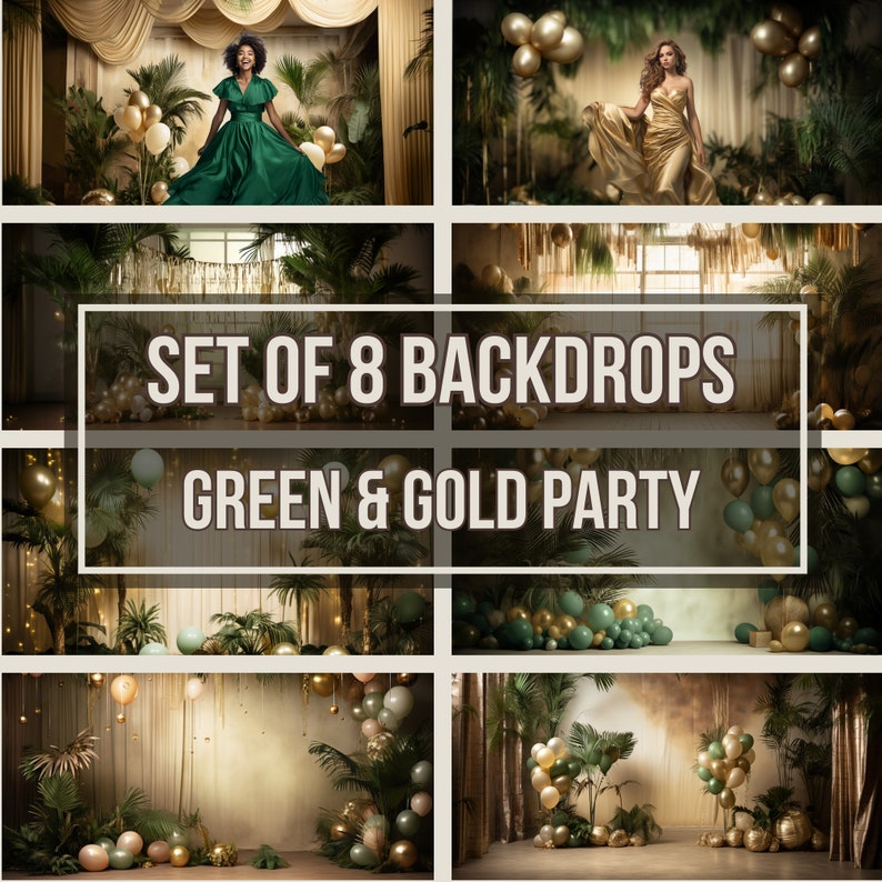 Set of 8 Green & Gold Backdrops | Digital Overlay, Balloon Party ...