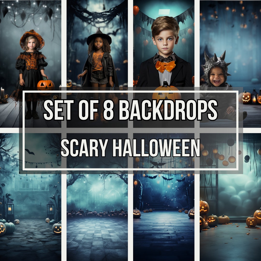 Set of 8 Scary Halloween Backdrops | Digital Overlay, Party Scenery ...