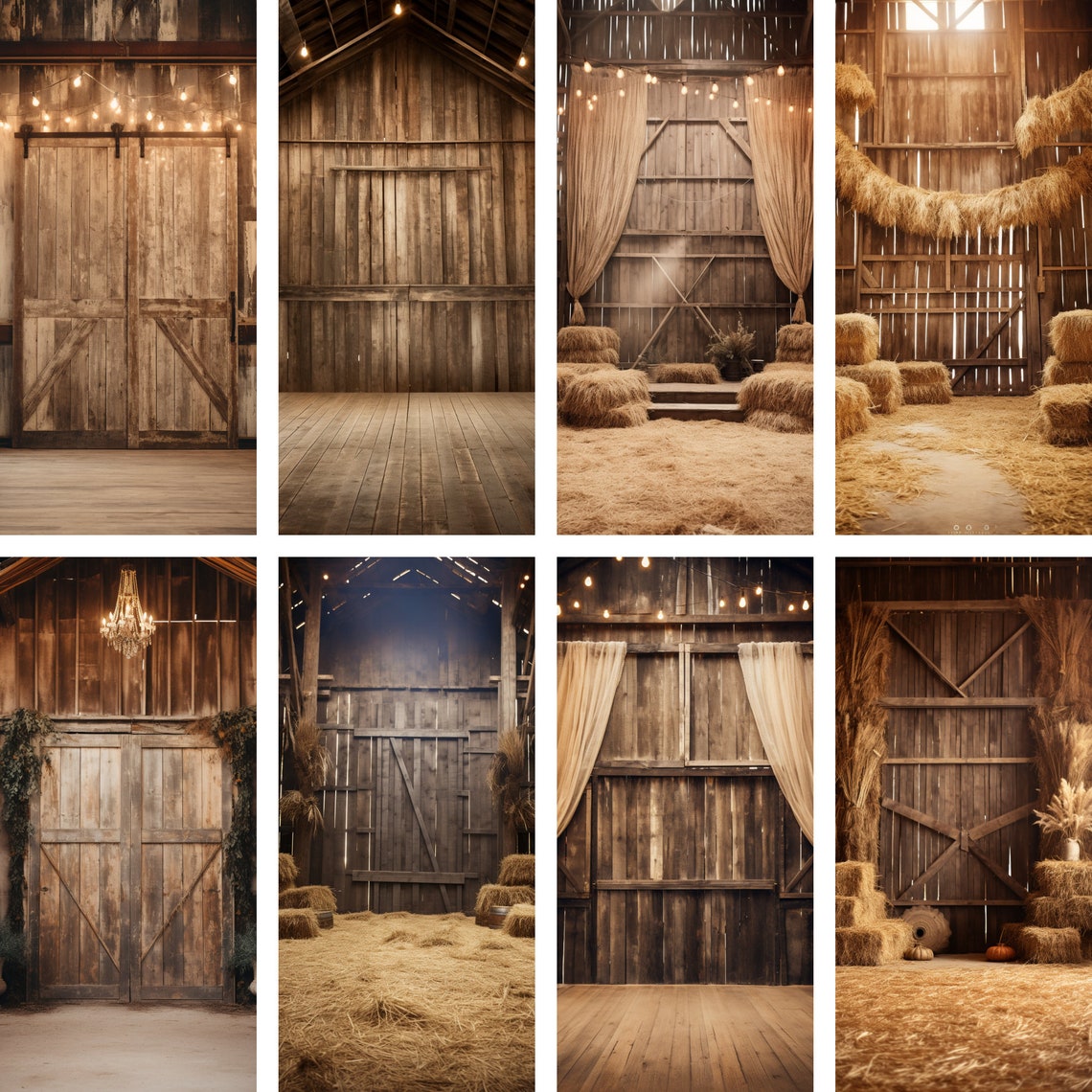 Set of 8 Rustic Barn Backdrops Farmhouse Background, Photo Template ...