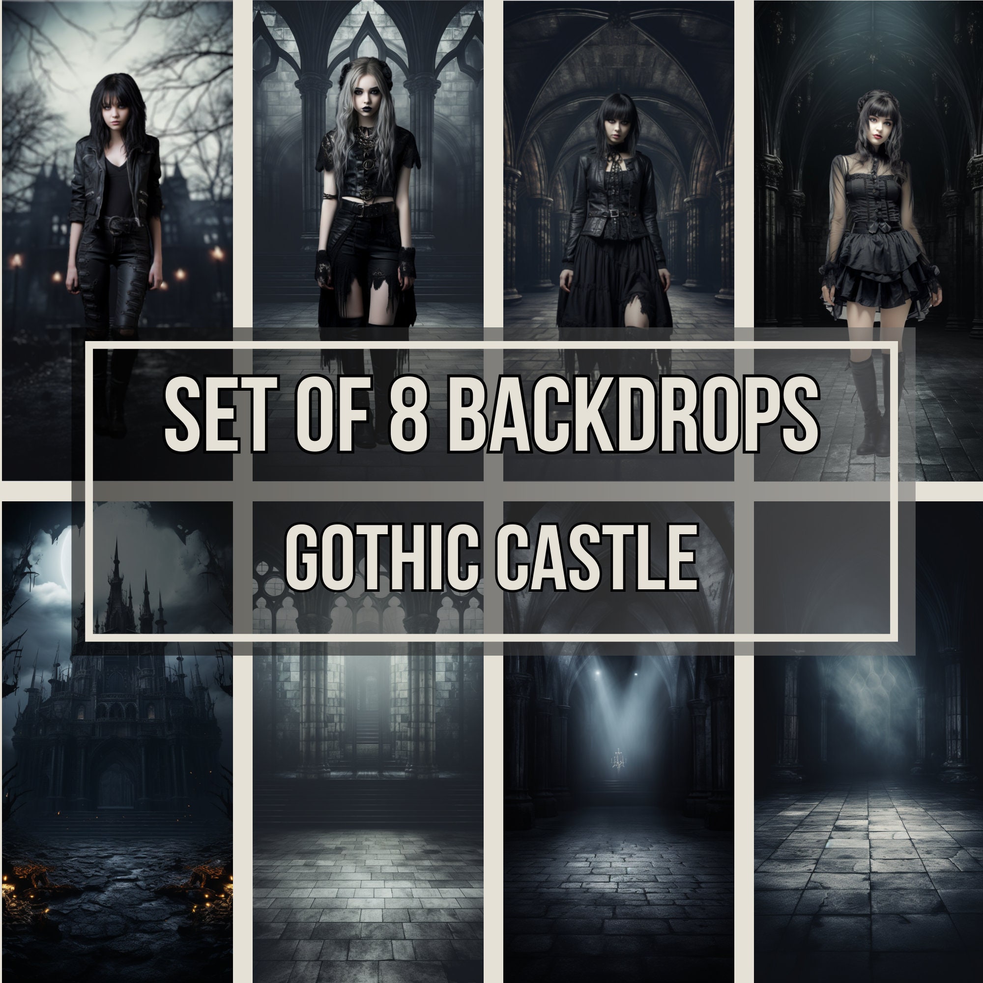 Set of 8 Gothic Castle Backdrops Goth Scenery, Halloween Backdrop ...