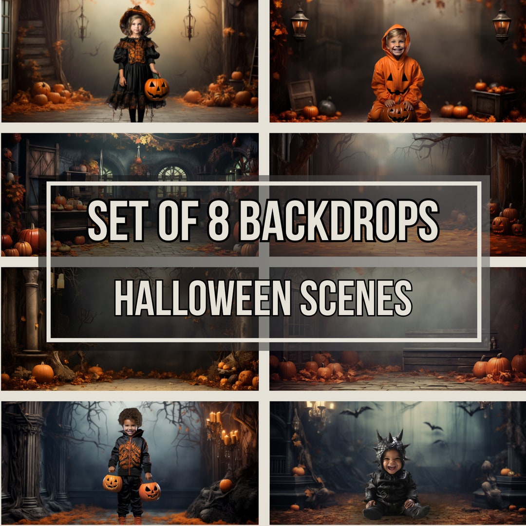 Set of 8 Halloween Scene Backdrops | Digital Overlay, Pumpkin Scenery ...