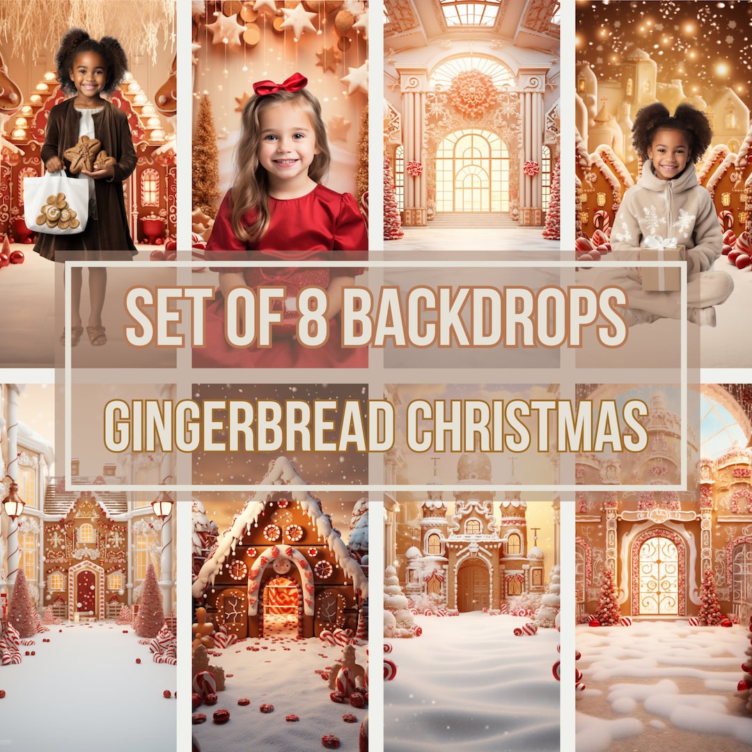 Set of 8 Gingerbread Christmas Backdrops | Digital Overlay, Family ...