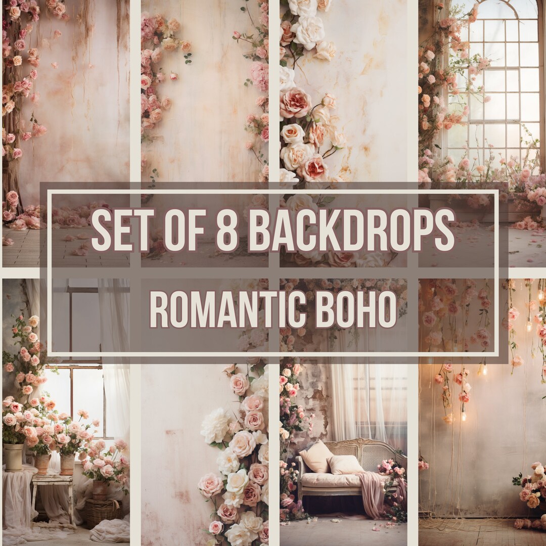 Set of 8 Romantic Boho Backdrops | Digital Overlay, Floral Backdrop ...