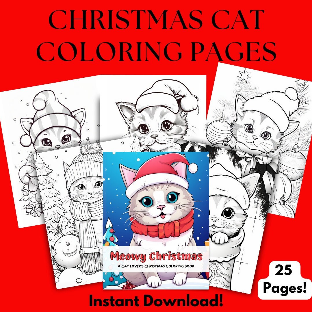 Christmas Cat Coloring Book, Printable Holiday Coloring Pages, Digital ...