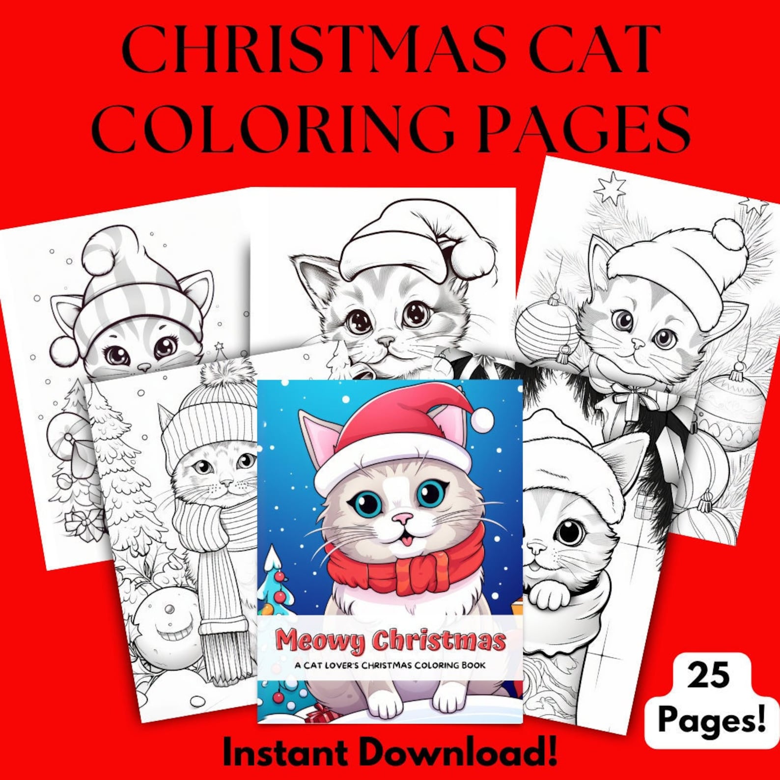 Christmas Cat Coloring Book, Printable Holiday Coloring Pages, Digital ...