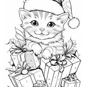 Christmas Cat Coloring Book, Printable Holiday Coloring Pages, Digital ...
