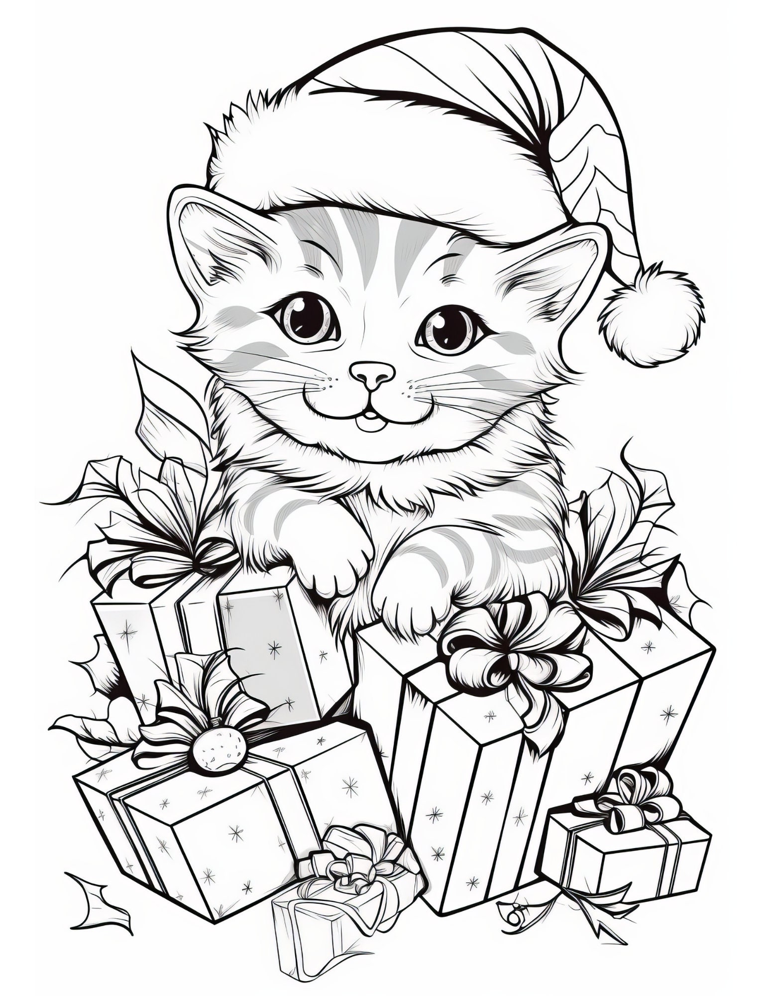 Christmas Cat Coloring Book, Printable Holiday Coloring Pages, Digital ...