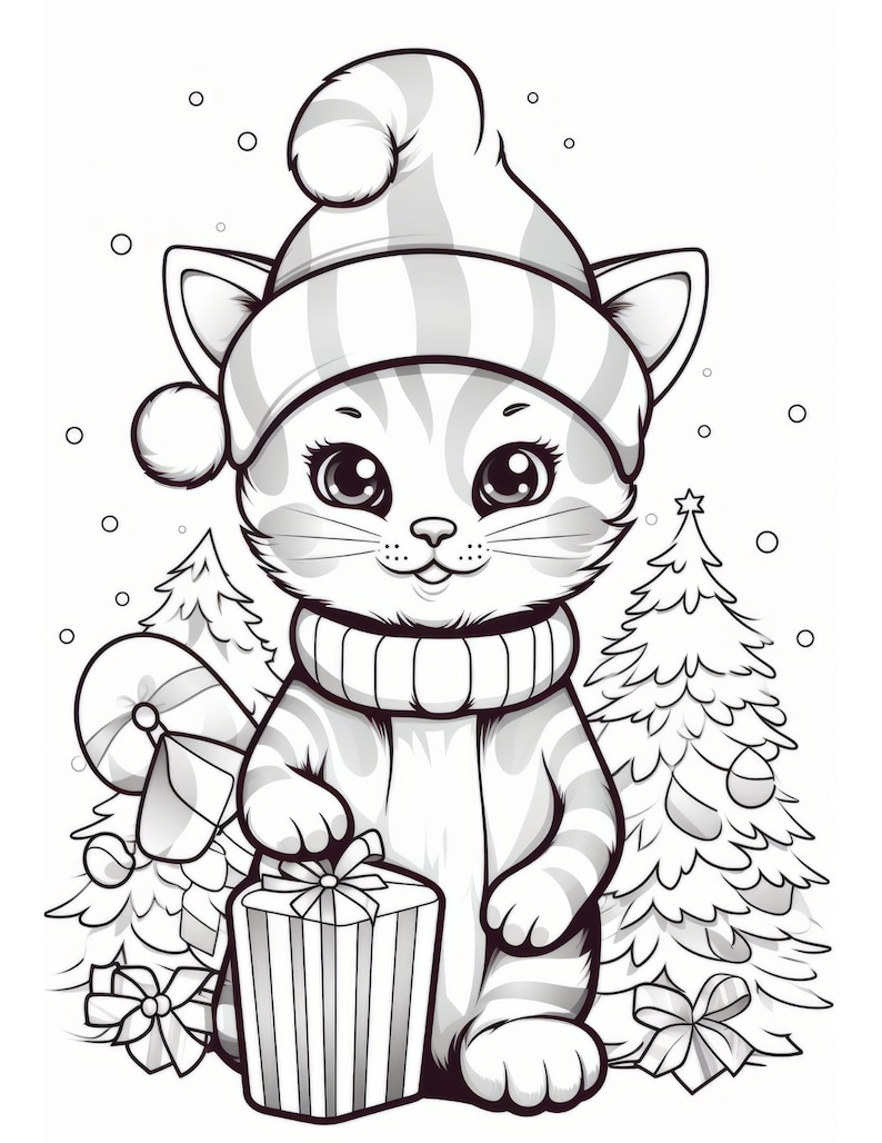Christmas Cat Coloring Book, Printable Holiday Coloring Pages, Digital ...