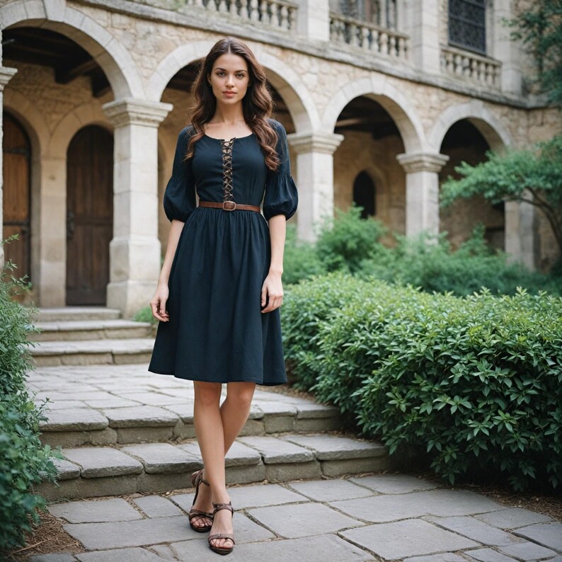 Medieval Black Lace-up Dress With Puff Sleeves Short Renaissance Gown ...