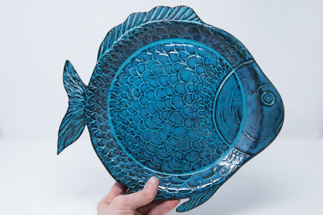 1 Hand-crafted, Ceramic Fish Platter/ Tray in Mottled Blues and Black ...