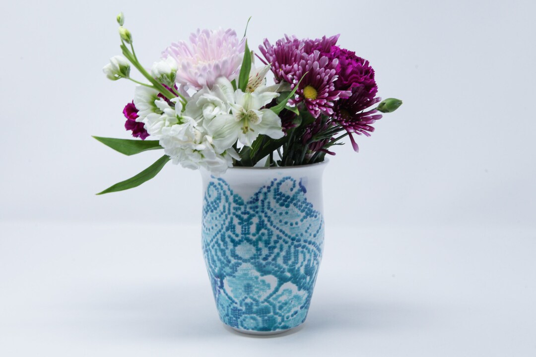 1 Hand-crafted, Ceramic, Turquoise-blue, Lace Patterned Vase - Etsy