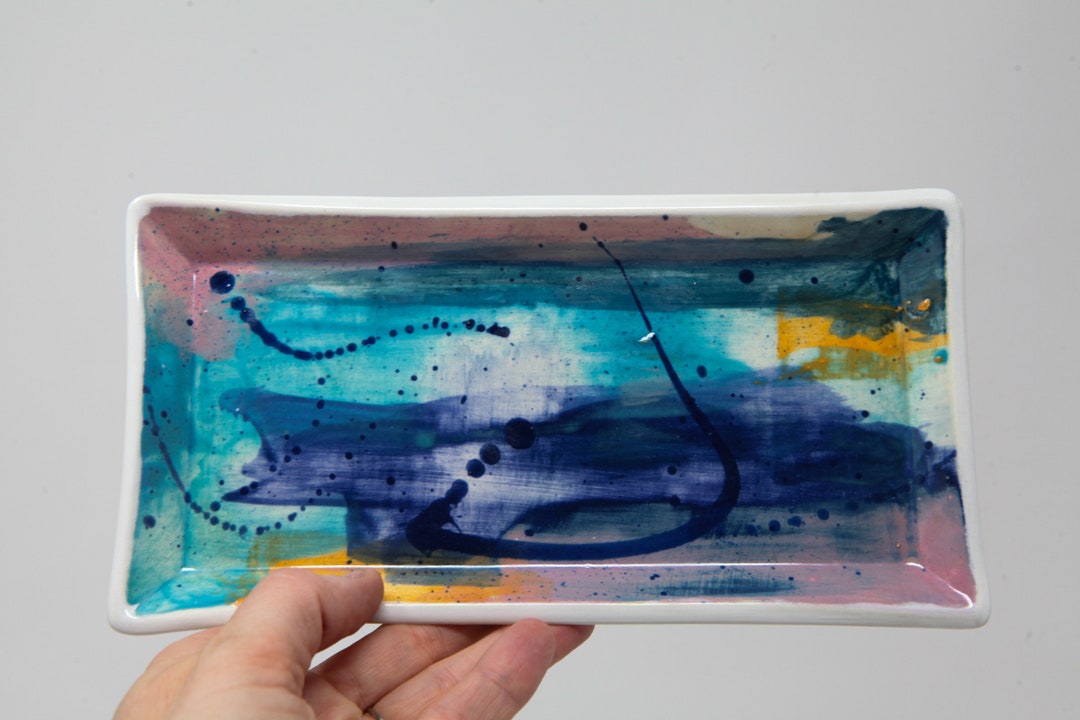 1 Hand-crafted, Ceramic, Decorative Tray With Abstract Color Wash ...