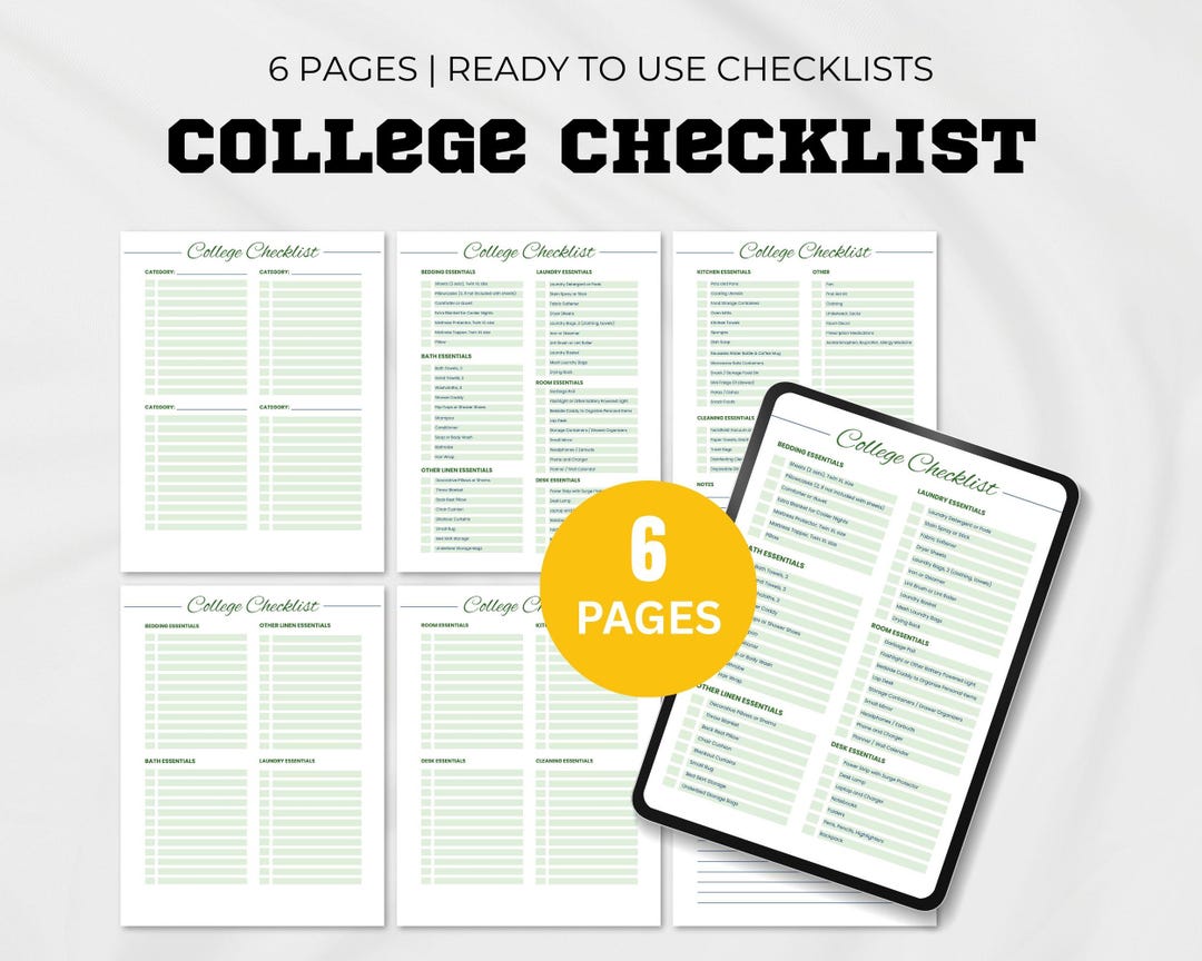 College Essentials Checklist Printable Worksheet, Dorm List, College ...