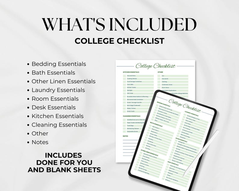 College Essentials Checklist Printable Worksheet, Dorm List, College ...