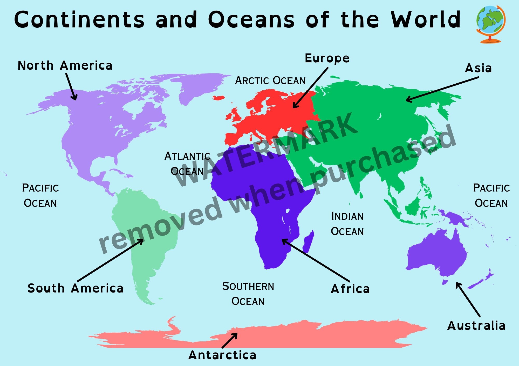 Continents and Oceans of the World - Educational Learning Poster and ...