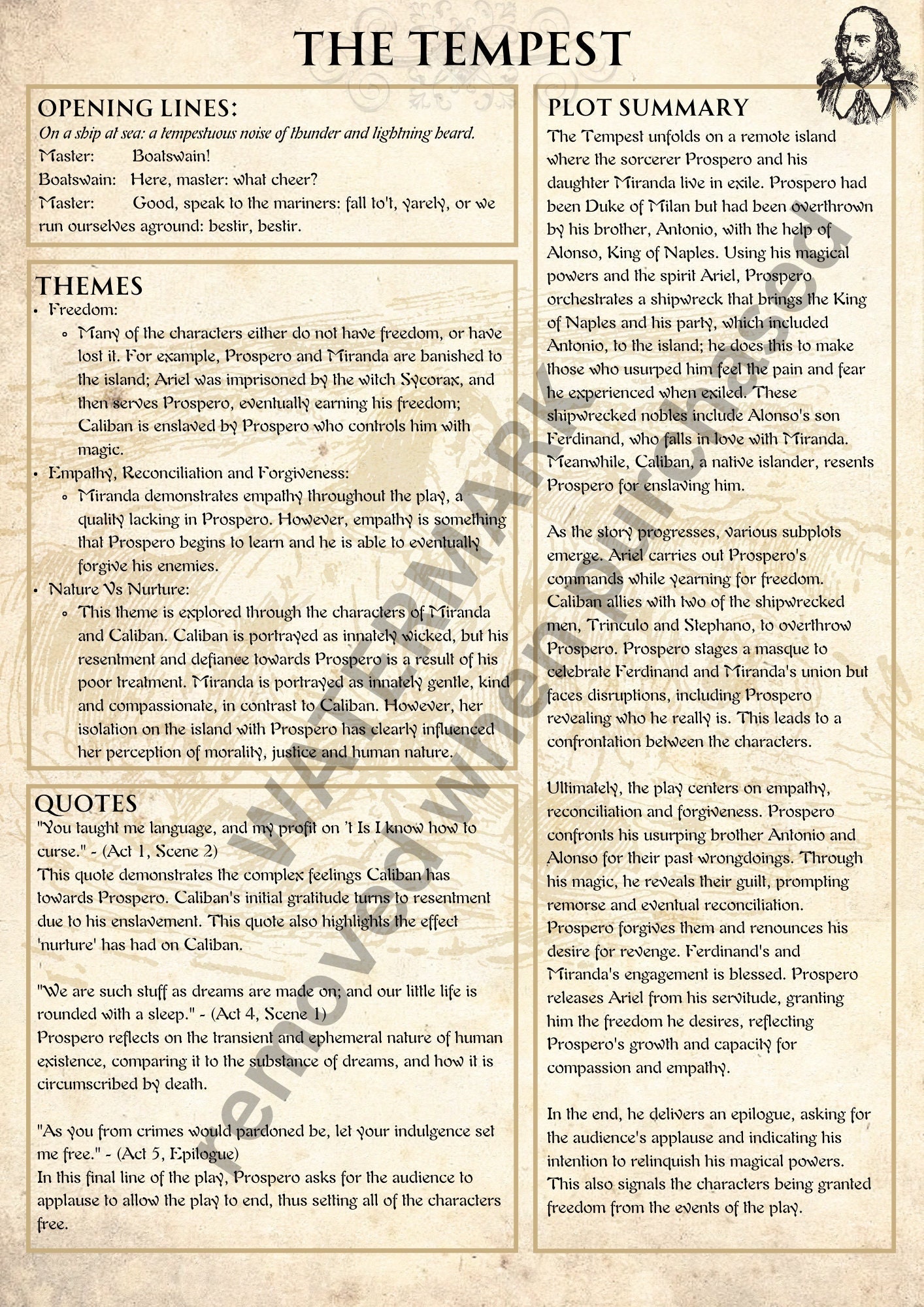 The Tempest - Learning Poster – Plot Summary, Quotes & Themes – Perfect ...