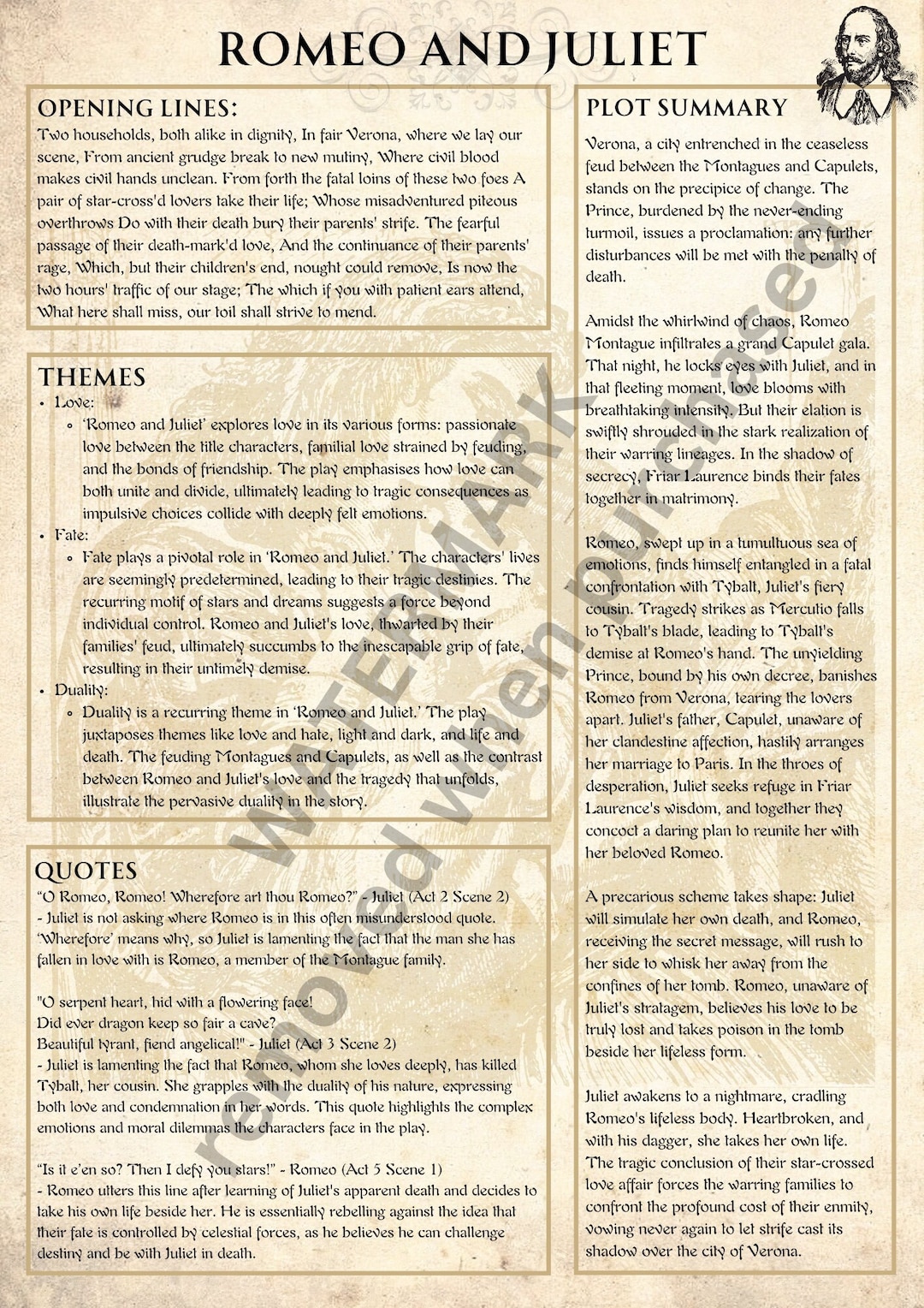 Romeo and Juliet - Summary Learning Poster - Shakespeare - Plot Summary ...