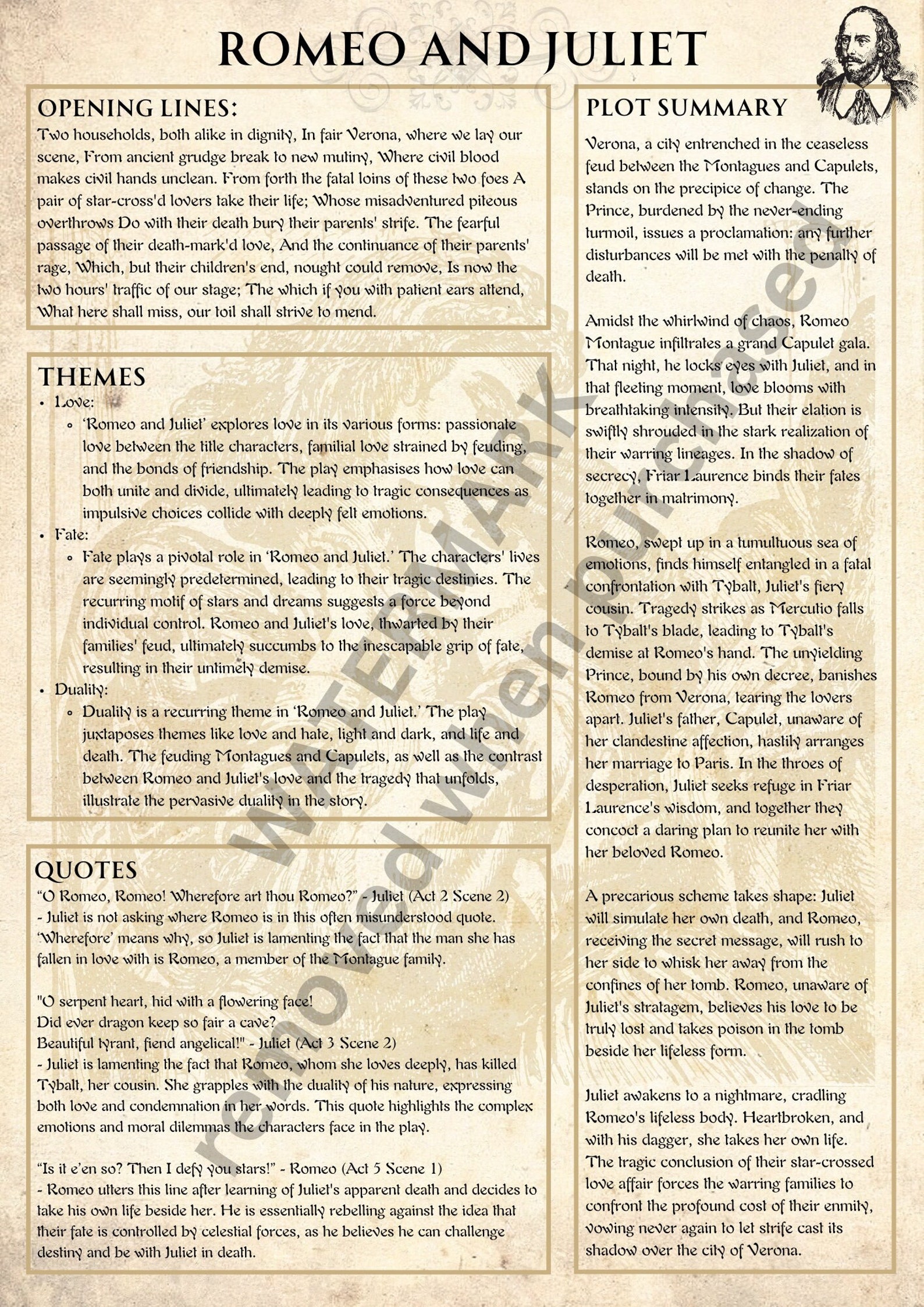 Romeo and Juliet - Summary Learning Poster - Shakespeare - Plot Summary ...